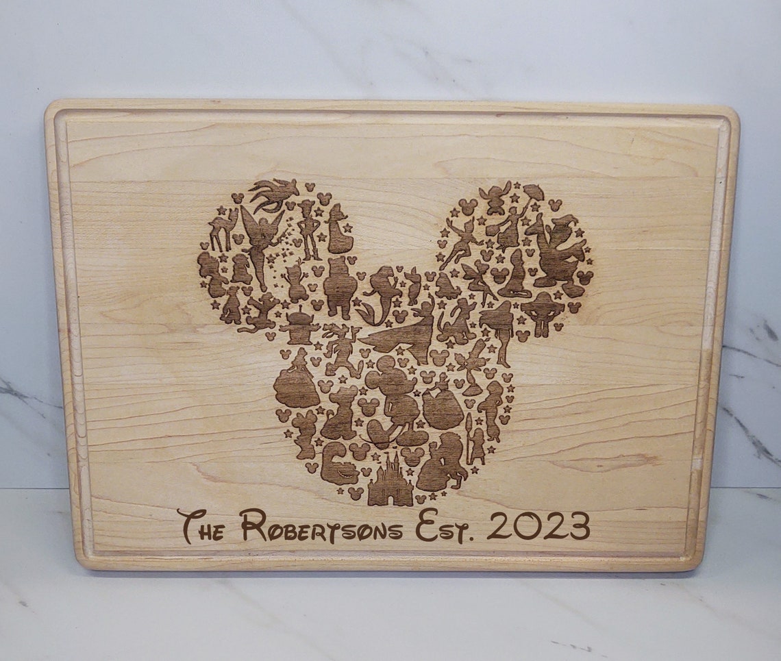 Mickey Mouse Head W/ Disney Characters Engraved Maple Wood Cutting ...