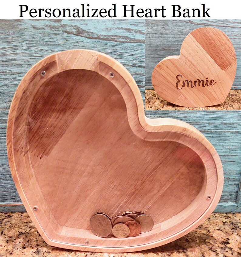 Custom Name Heart Wood Piggy Bank Personalized Coin Bank - Etsy