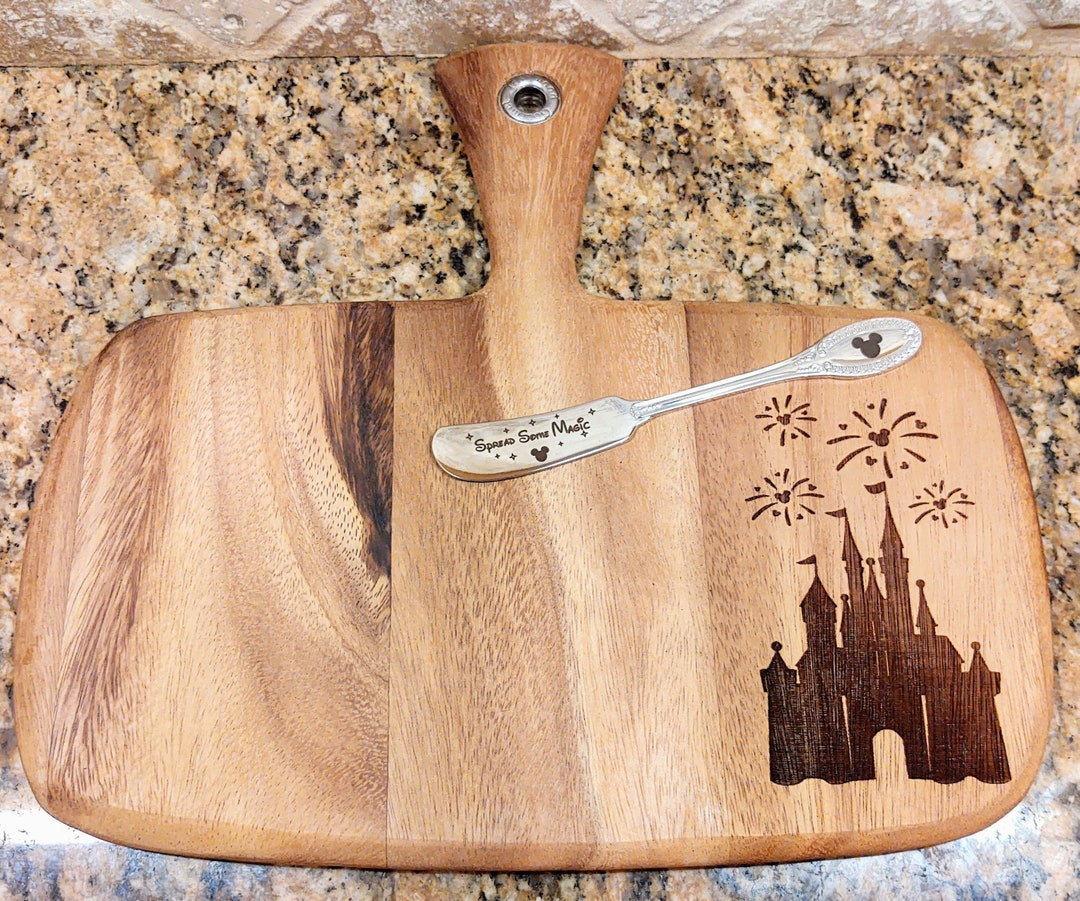 Disney Castle Engraved Dark Wood Cutting Board Gift Set Spreader Knife ...