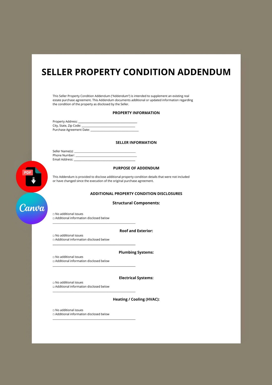 Seller Property Condition Addendum | Real Estate Disclosure Add-on | US ...