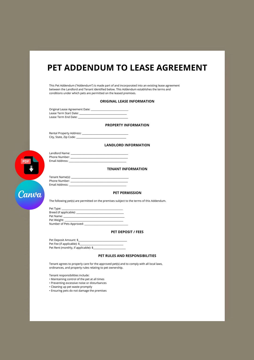 Pet Addendum to Lease | Rental Agreement Pet Policy | Editable US Lease ...