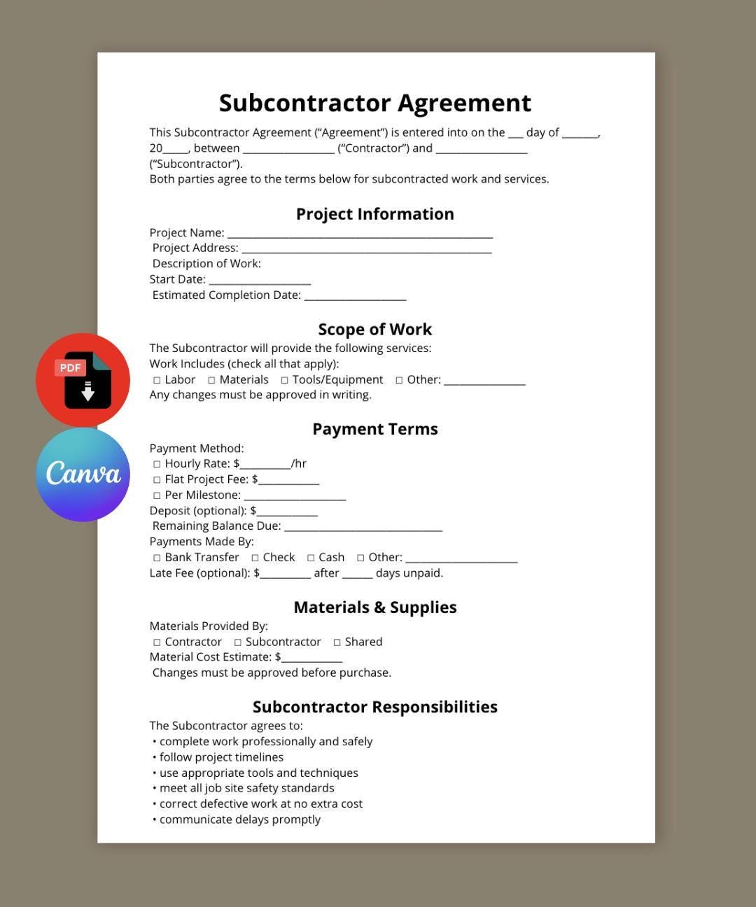 Subcontractor Agreement Template | Editable Independent Contractor Form ...