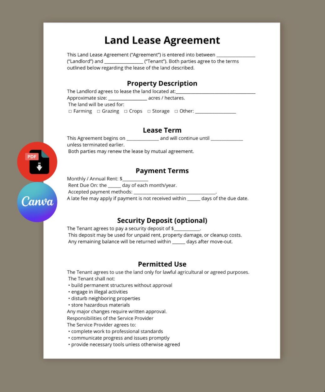 Land Lease Agreement Template | Farm & Property Rental (canva PDF) - Etsy