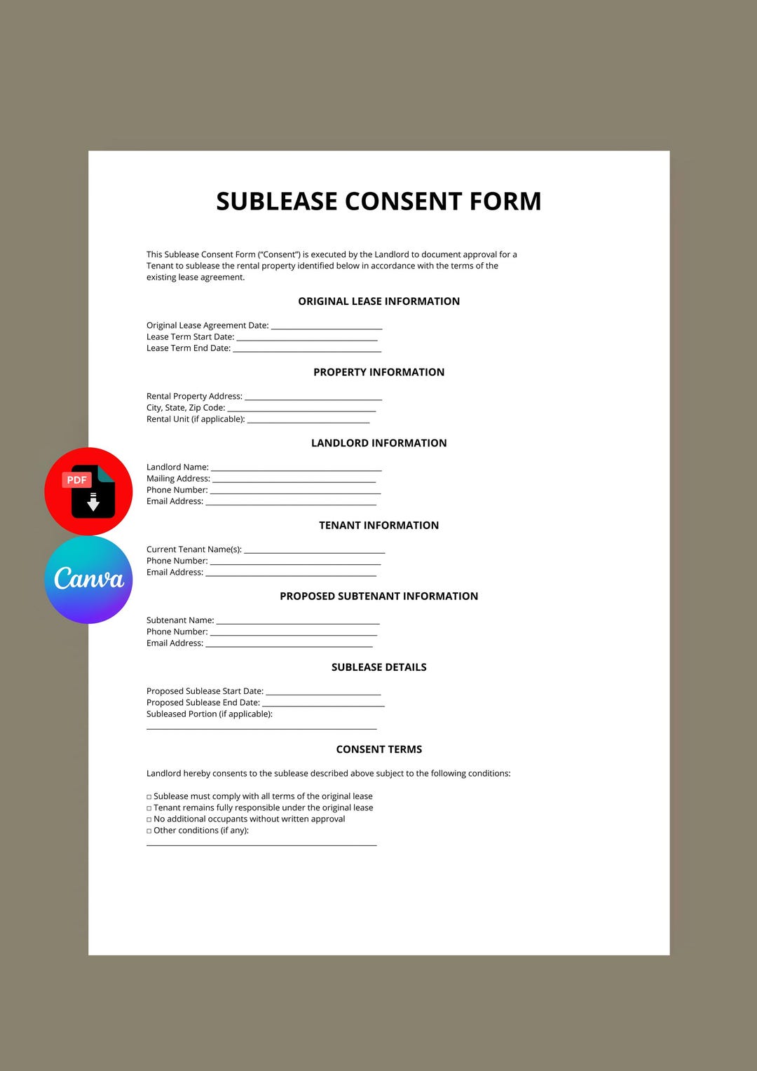 Sublease Consent Form | Landlord Approval for Sublease US | Editable ...