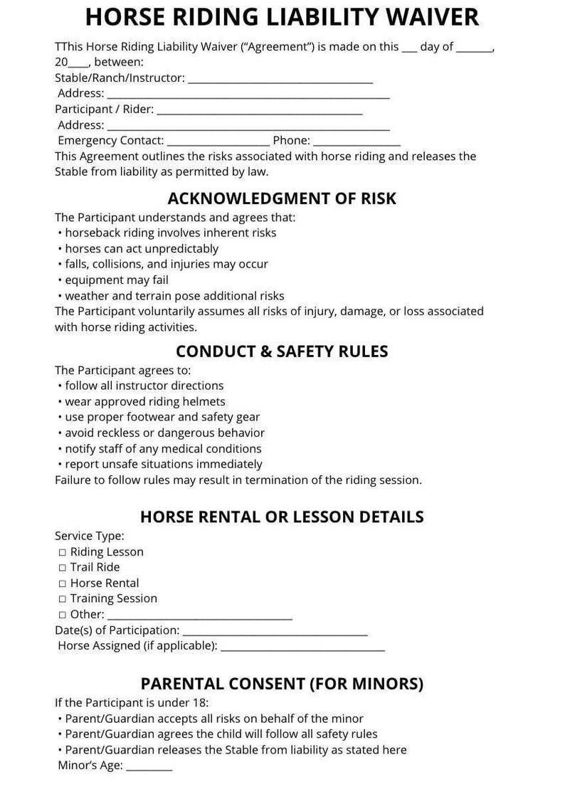 Horse Riding Liability Waiver Template | Editable Equine Release Form ...