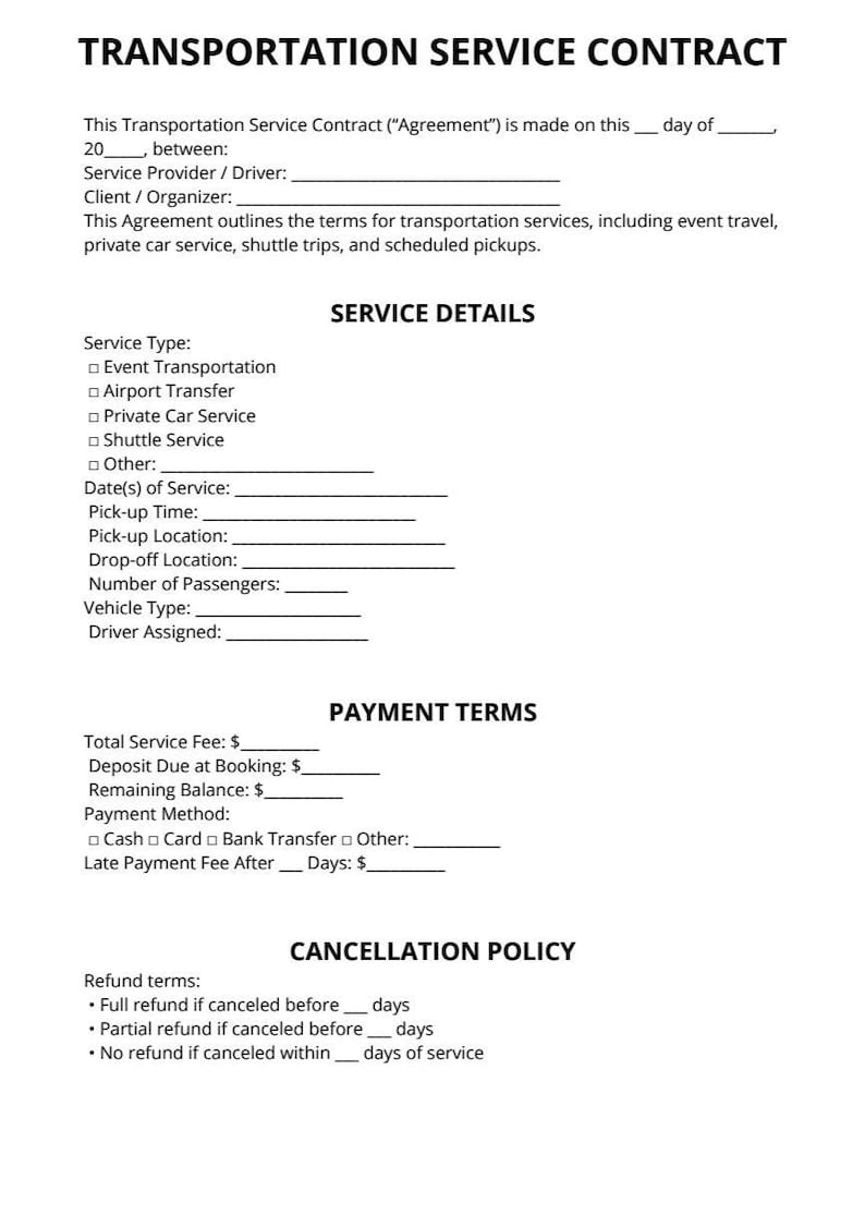 Transportation Service Contract Template | Event & Shuttle Agreement ...