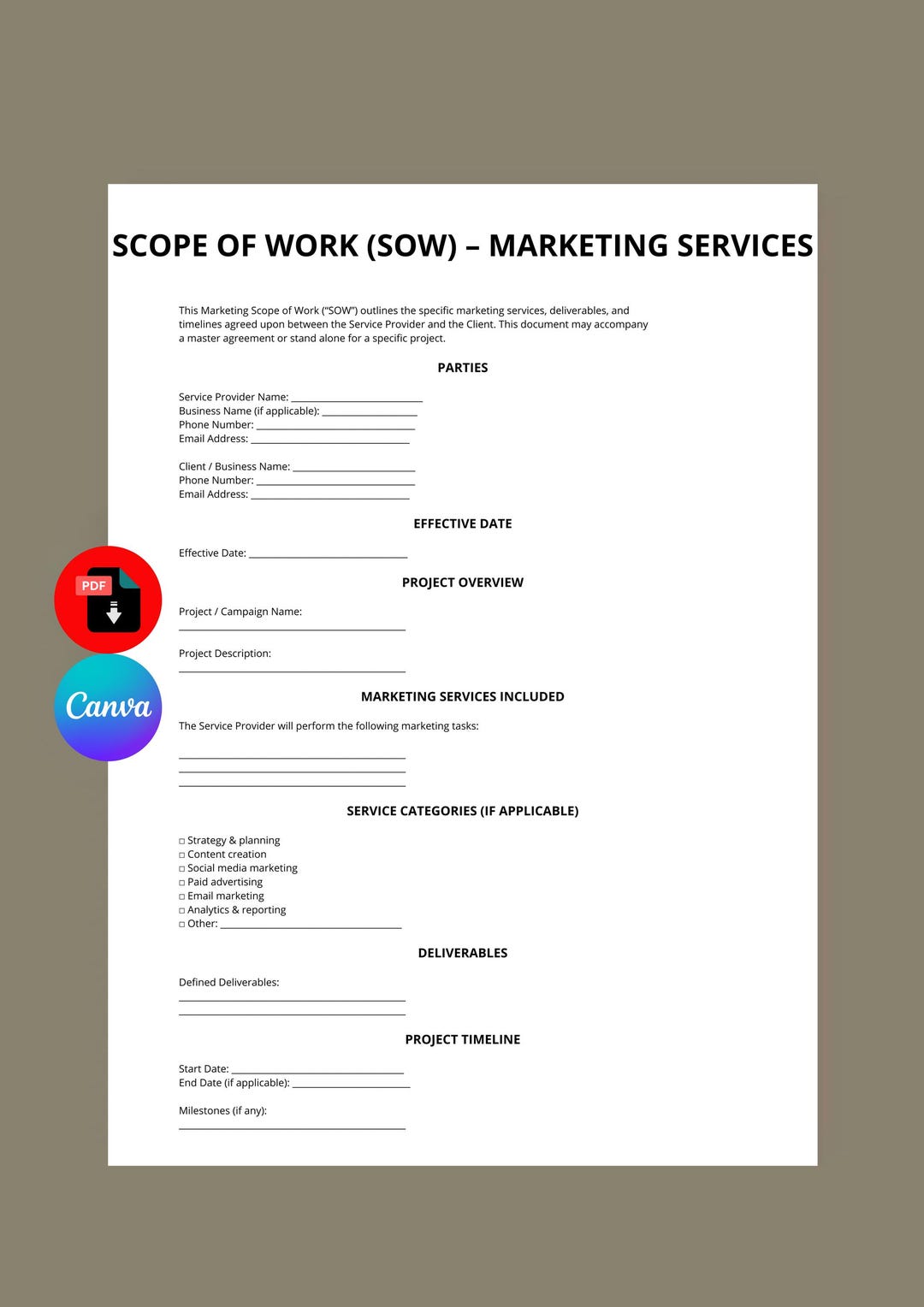 Scope of Work Marketing Template | Marketing SOW Contract US | Editable ...