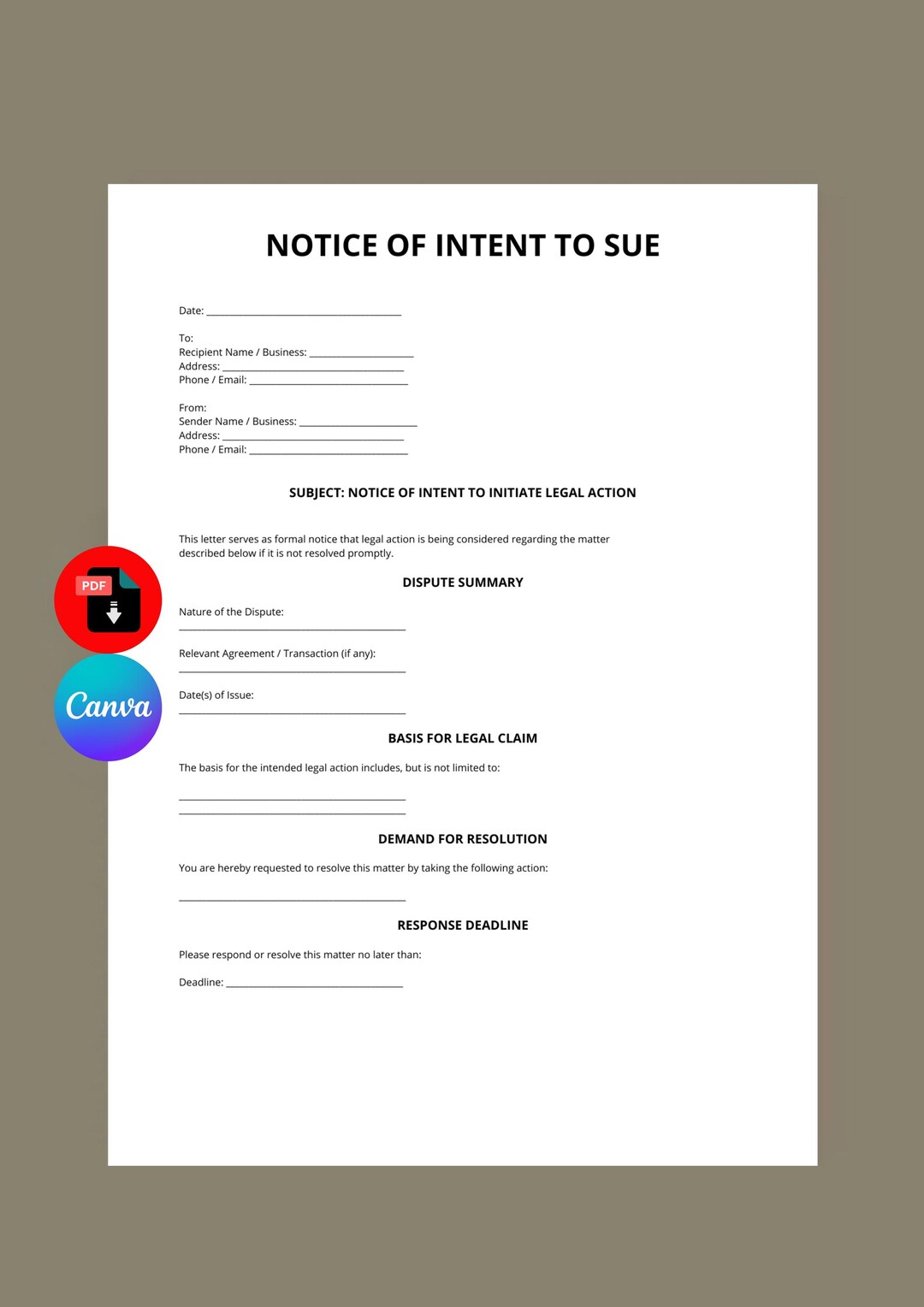 Notice of Intent to Sue | Legal Demand Letter US | Editable PDF ...