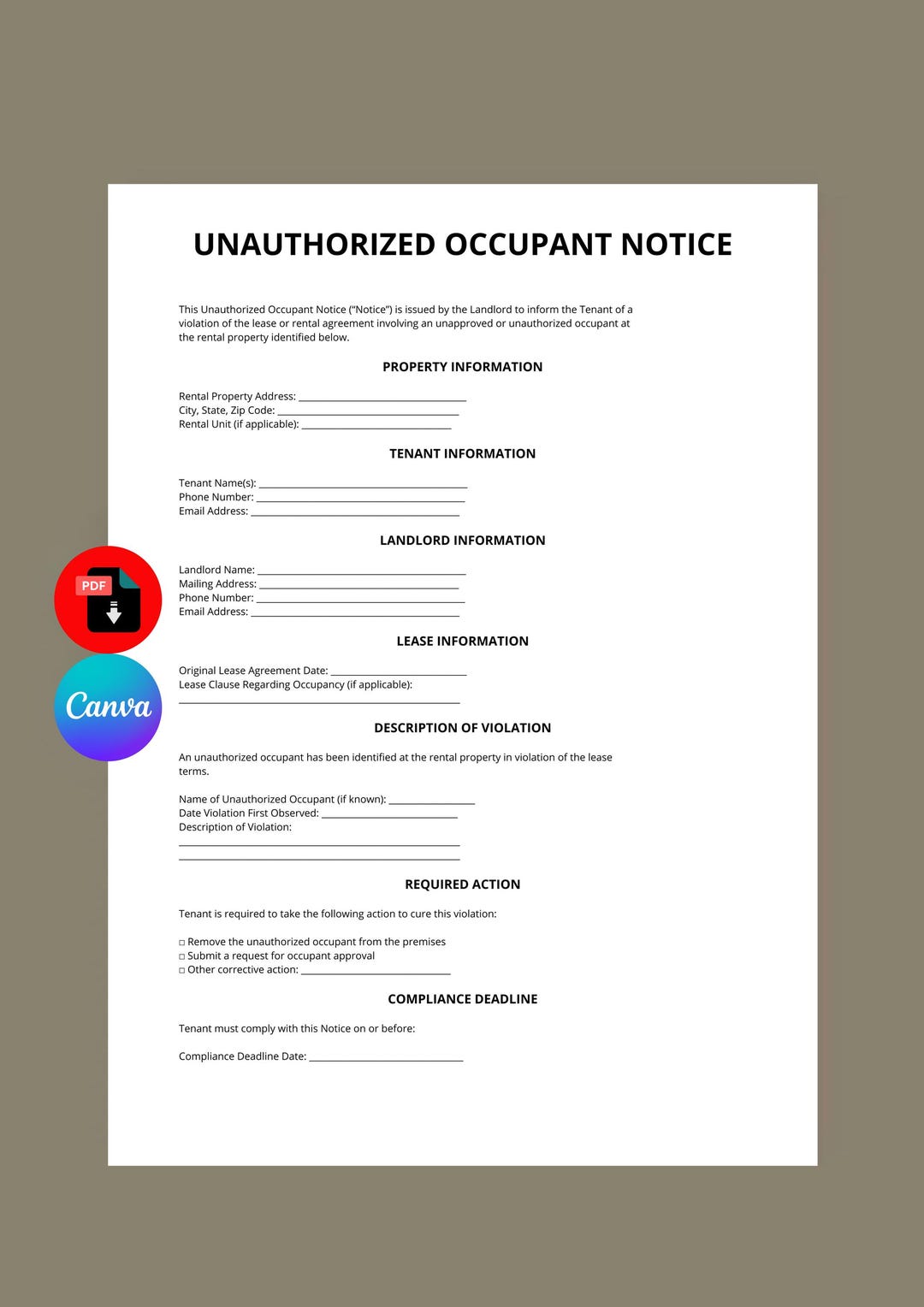 Unauthorized Occupant Notice | Lease Violation Warning US | Editable ...