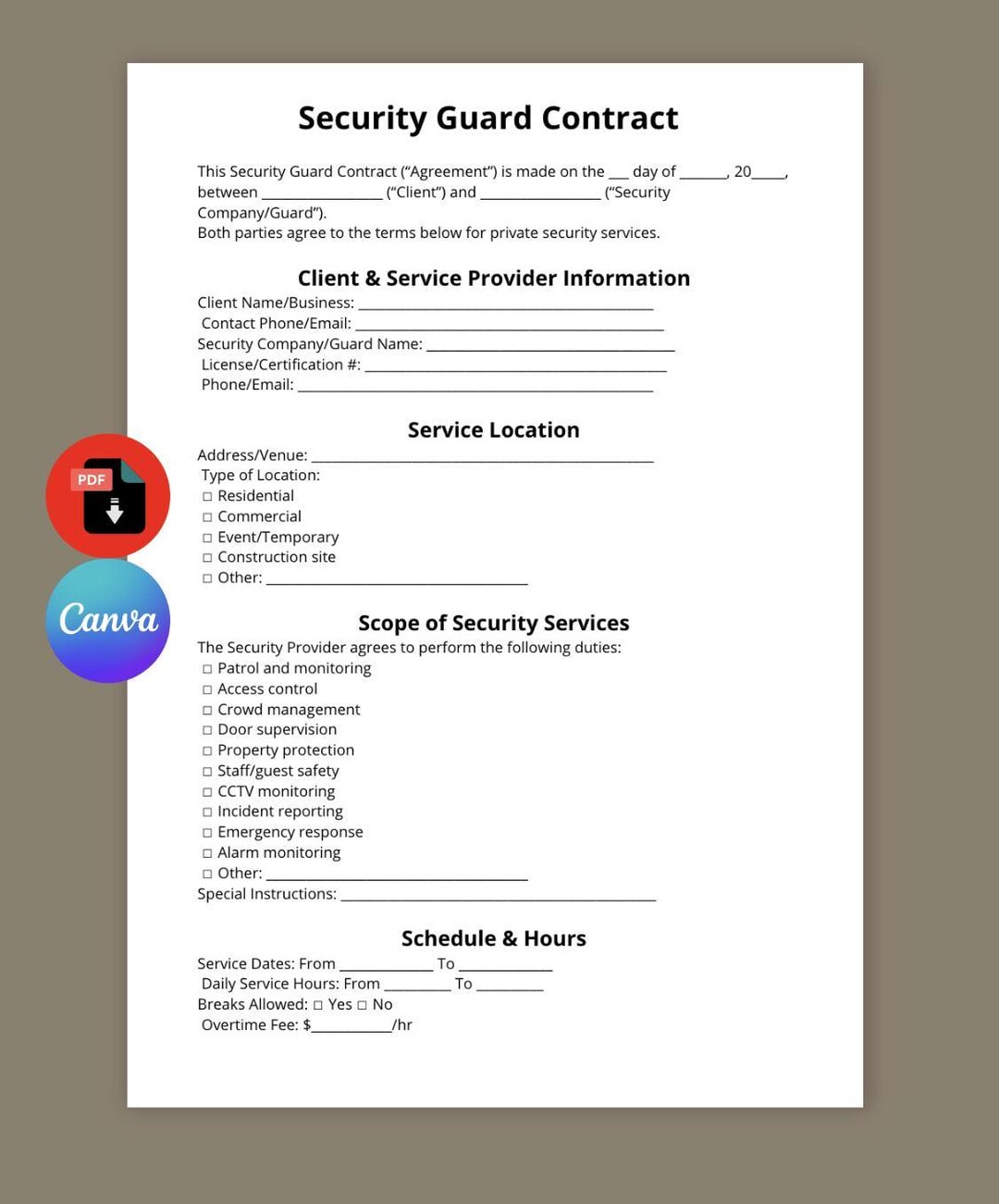 Security Guard Contract Template | Editable Service Agreement (canva ...