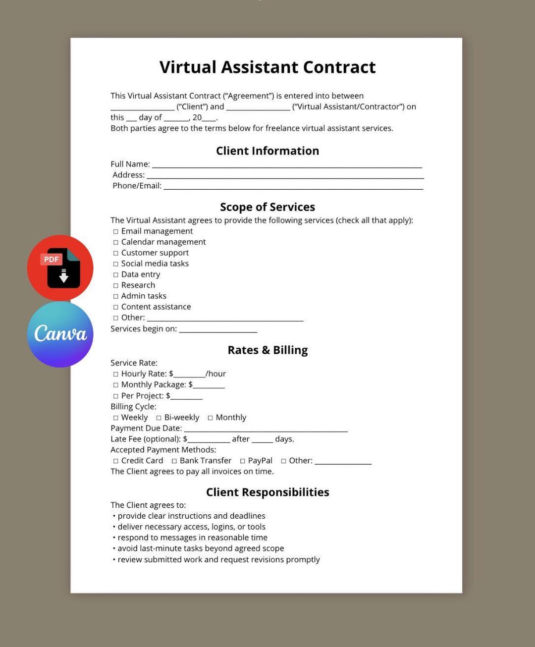Virtual Assistant Contract Template | Freelance Client Agreement (canva ...