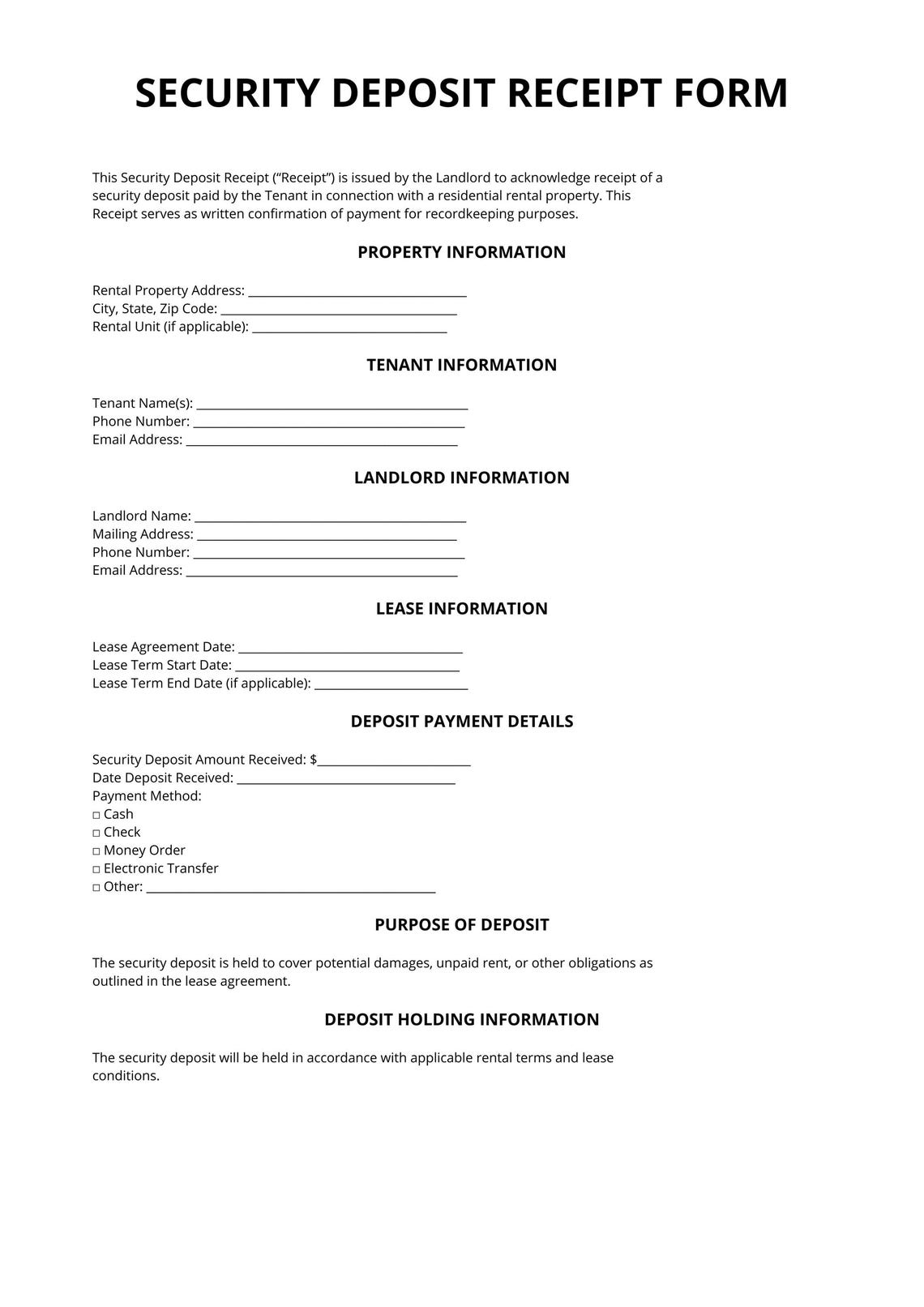 Security Deposit Receipt | Tenant Deposit Acknowledgment US | Editable ...