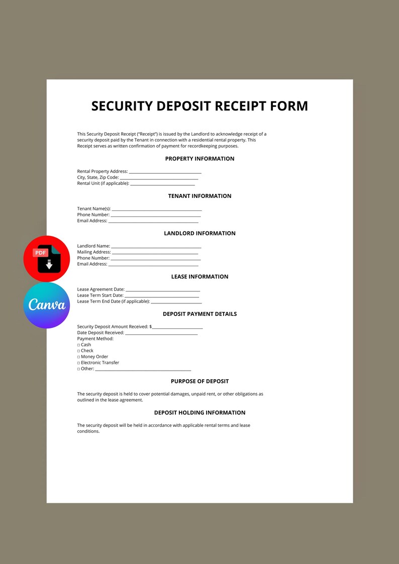 Security Deposit Receipt | Tenant Deposit Acknowledgment US | Editable ...