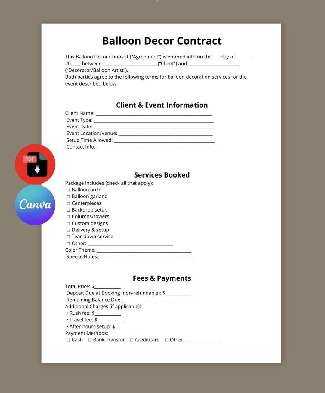 Balloon Decor Contract Template | Editable Service Agreement (canva PDF ...