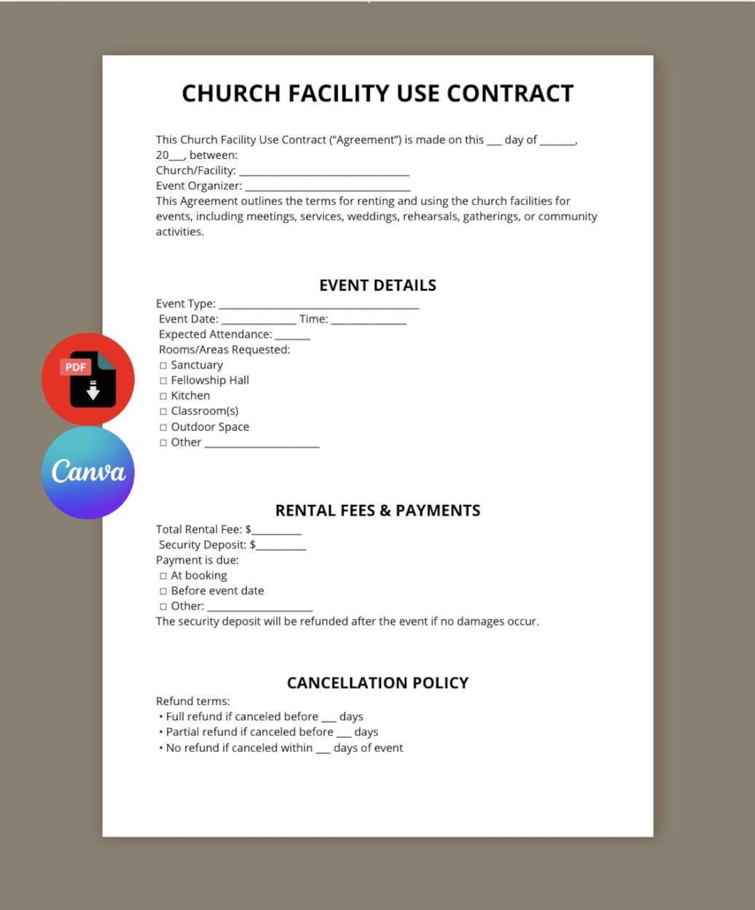Church Facility Use Contract Template | Editable Event Rental Agreement ...