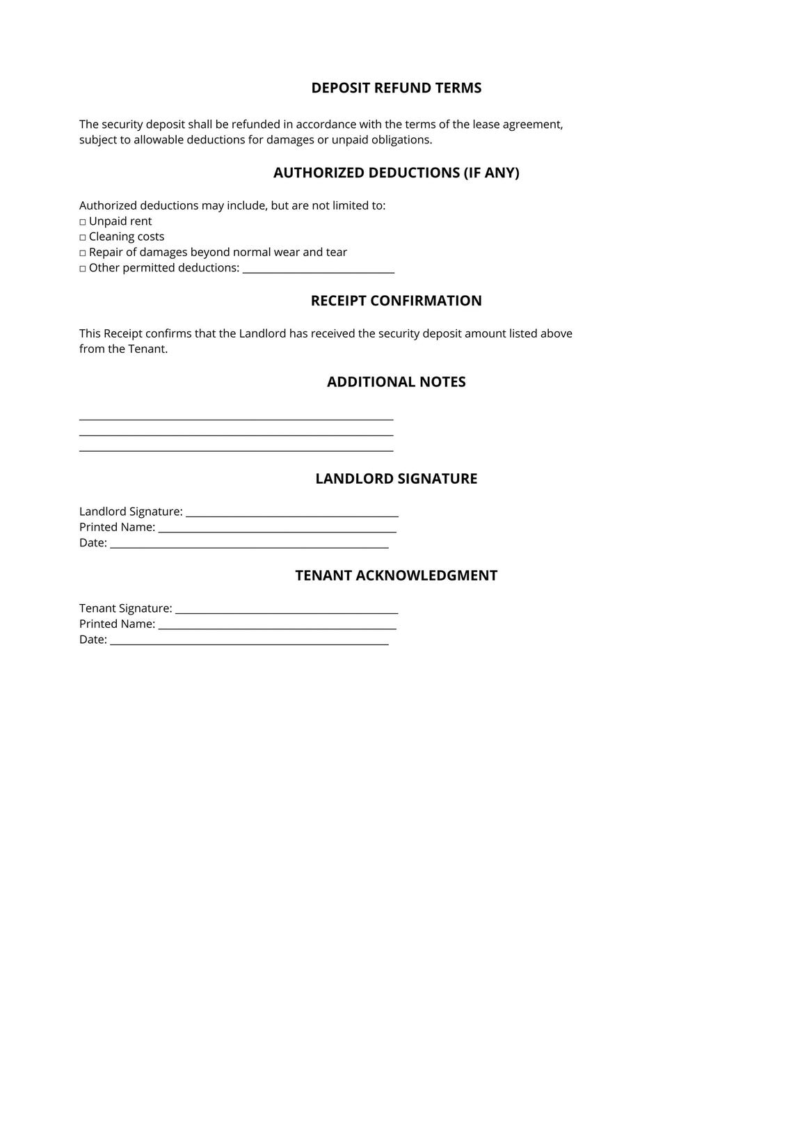 Security Deposit Receipt | Tenant Deposit Acknowledgment US | Editable ...