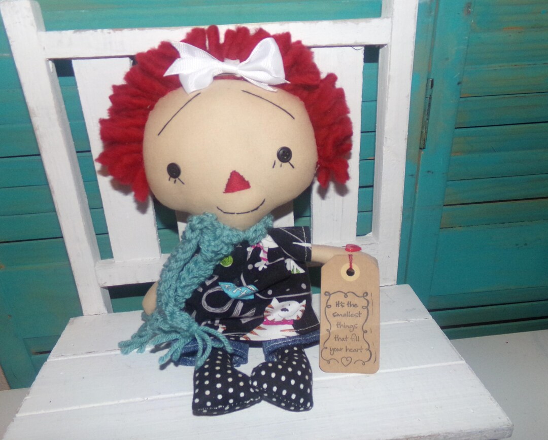 CAT Kitty Lover Raggedy Doll-red Hair-teal Crocheted Scarf-handmade One ...