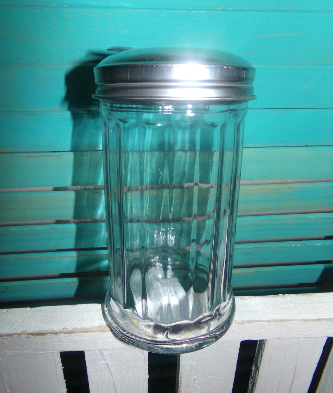 Vintage Restaurant Diner SUGAR Dispenser Ribbed Glass and Aluminum-good ...