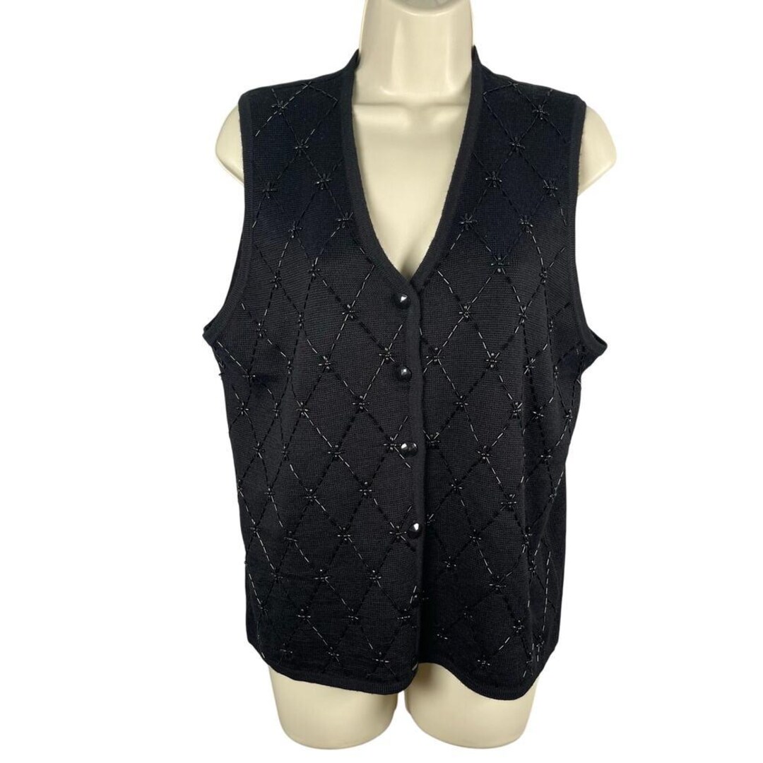 Vintage Alfred Dunner Sweater Vest Womens PM Black Beaded Wool Blend V ...