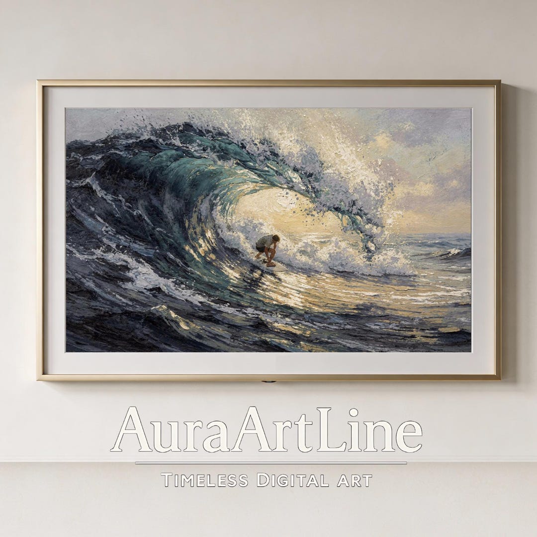 Surfing Wave Frame TV Art Wall Art, Dramatic Ocean Surf Painting ...
