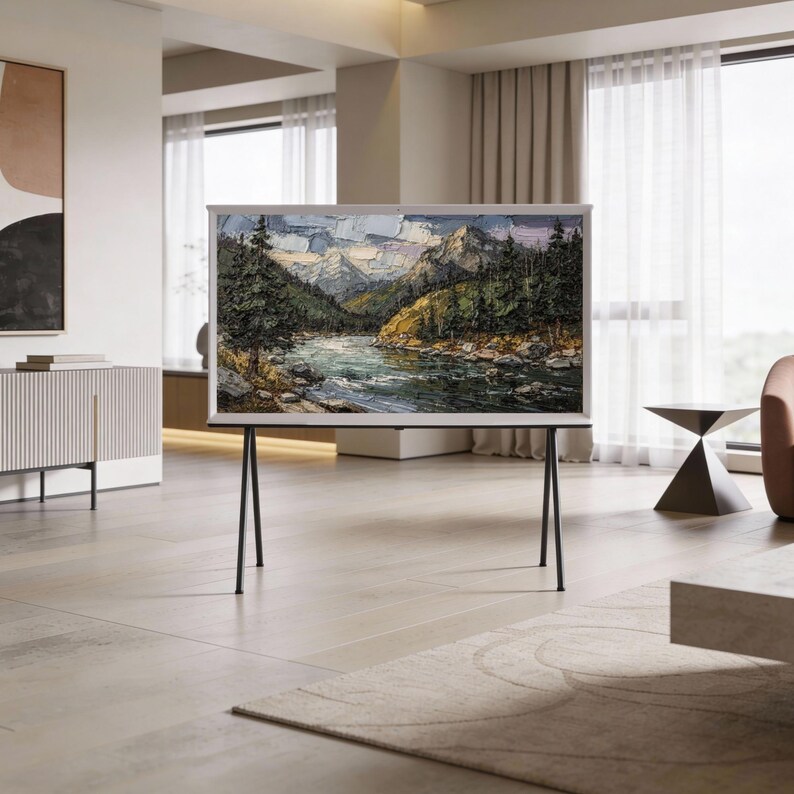 Mountain River Landscape Frame TV Art Wall Art, Impasto Forest Valley ...