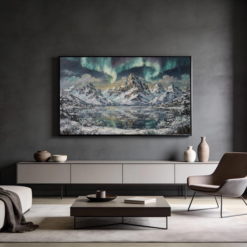 Northern Lights Mountain Lake Frame TV Art Wall Art, Textured Impasto ...