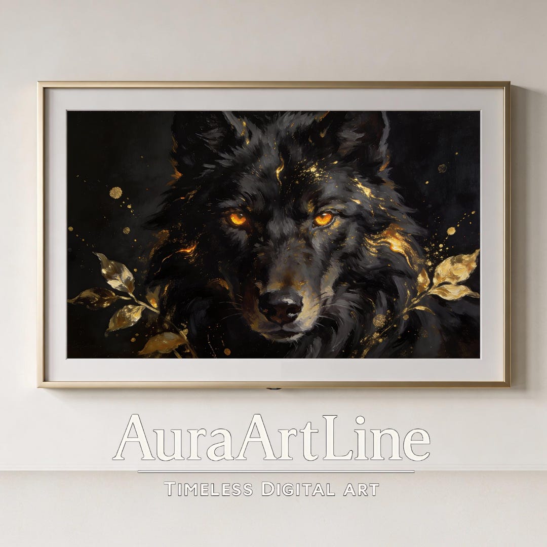 Black Wolf Frame TV Art, Majestic Dark Wolf Portrait With Golden Eyes ...