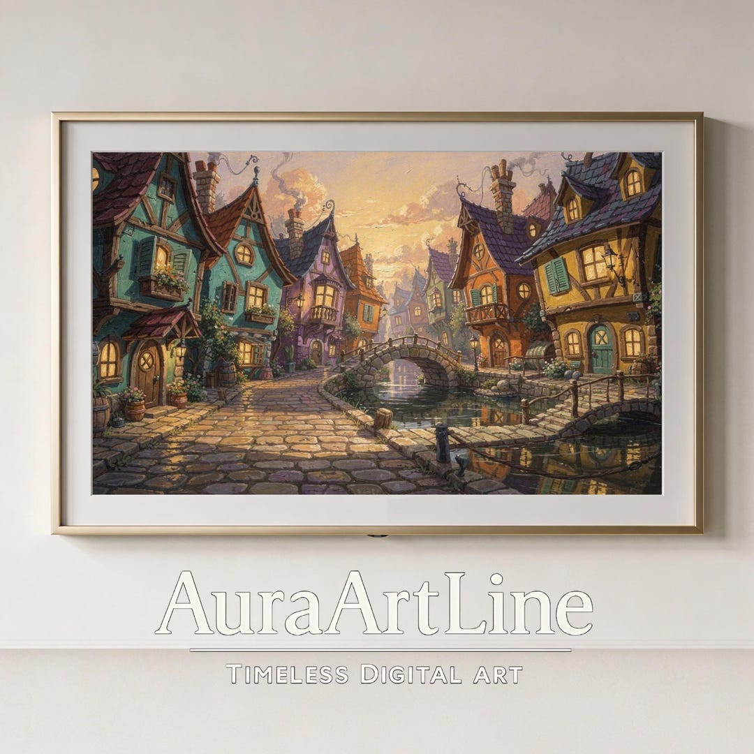 Whimsical Storybook Village Frame TV Art Wall Art, Cozy Fantasy Town ...