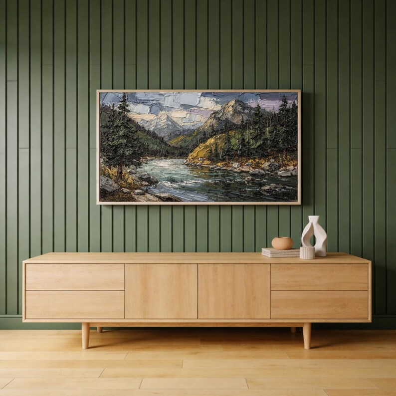 Mountain River Landscape Frame TV Art Wall Art, Impasto Forest Valley ...