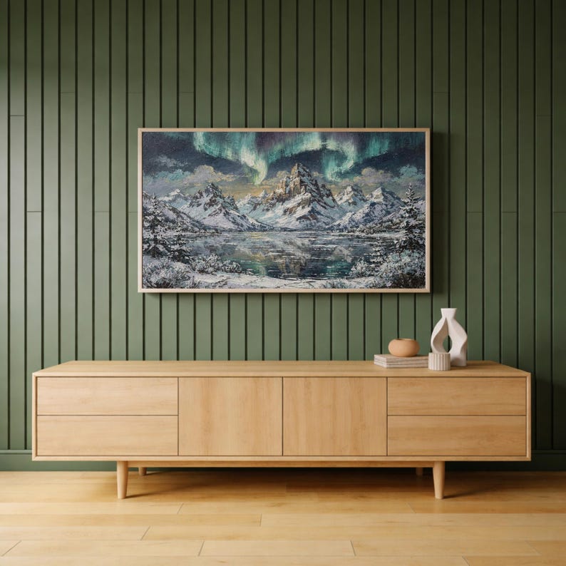 Northern Lights Mountain Lake Frame TV Art Wall Art, Textured Impasto ...