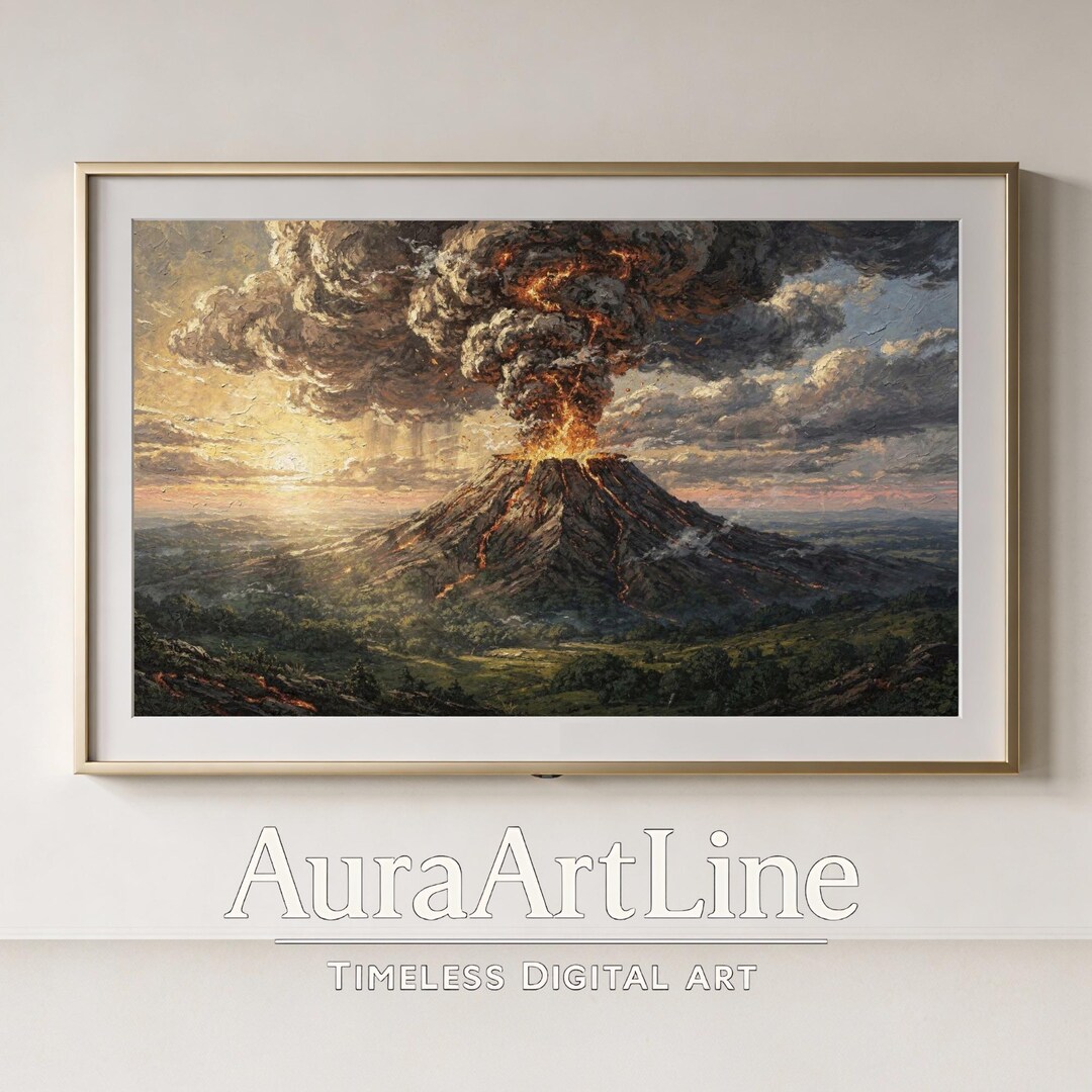 Volcanic Eruption Frame TV Art Wall Art, Fiery Mountain Landscape ...