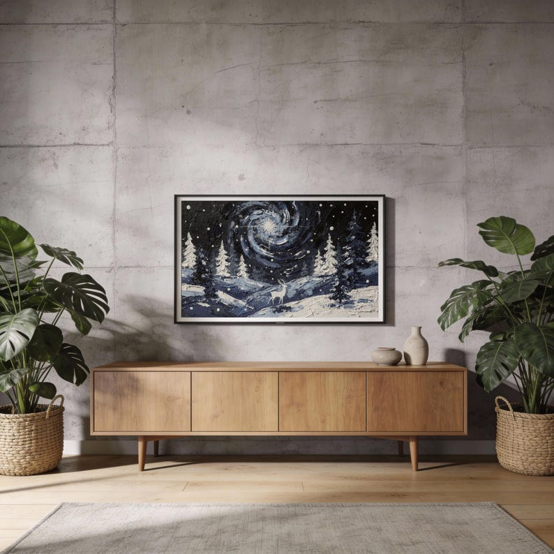 Winter Night Star Frame TV Art Wall Art, Serene Snowy Forest With Deer ...