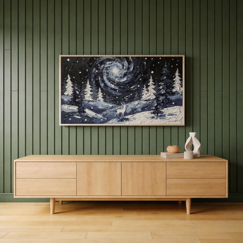 Winter Night Star Frame TV Art Wall Art, Serene Snowy Forest With Deer ...