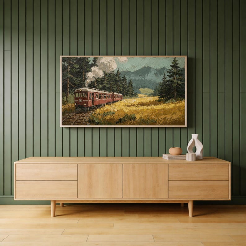 Vintage Train Through Forest Frame TV Art Wall Art, Scenic Railway ...