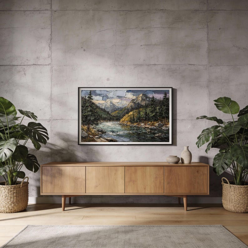 Mountain River Landscape Frame TV Art Wall Art, Impasto Forest Valley ...