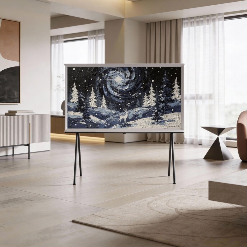 Winter Night Star Frame TV Art Wall Art, Serene Snowy Forest With Deer ...