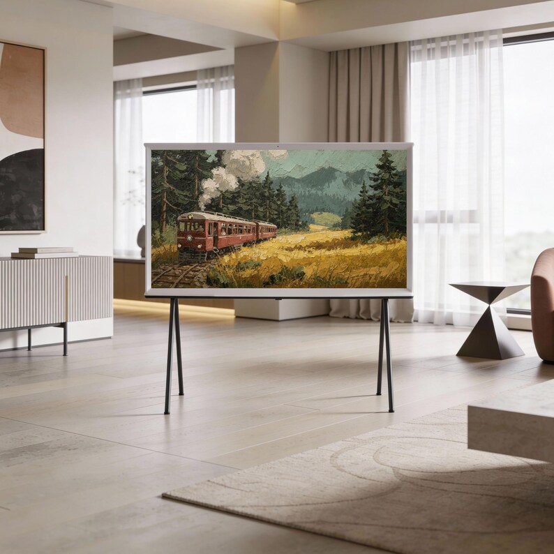 Vintage Train Through Forest Frame TV Art Wall Art, Scenic Railway ...