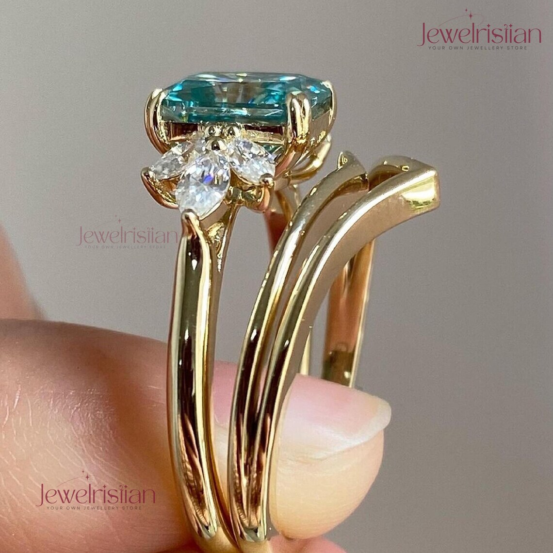 3.31 CT Cyan Blue Radiant Cut Lab Grown Moissanite Ring Set, IGI ...