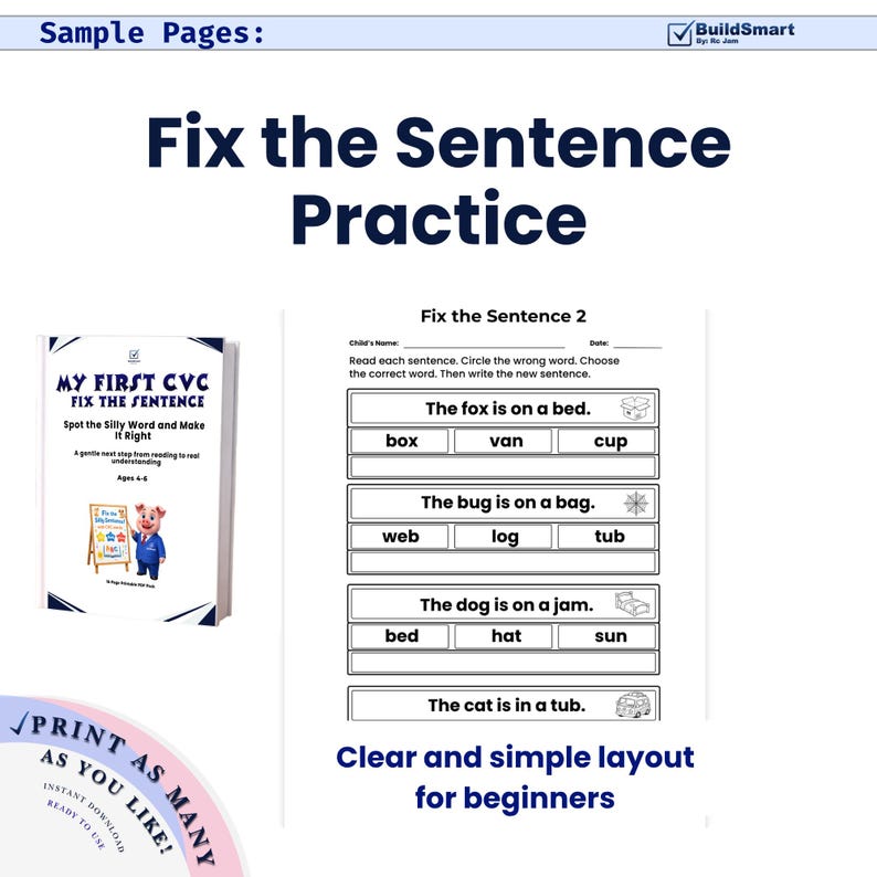 CVC Fix the Sentence Worksheets Ages 4-6 | Spot the Silly Word Reading ...