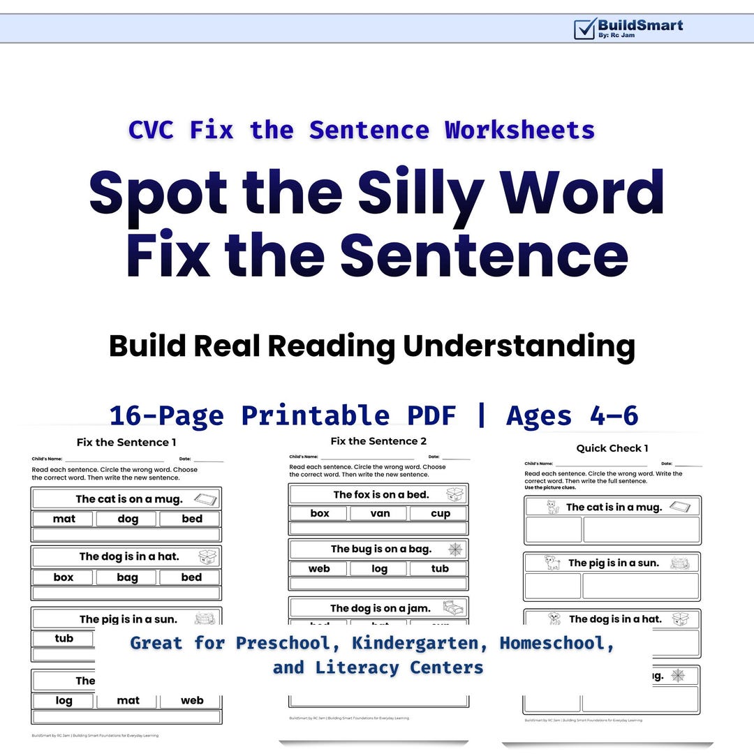 CVC Fix the Sentence Worksheets Ages 4-6 | Spot the Silly Word Reading ...
