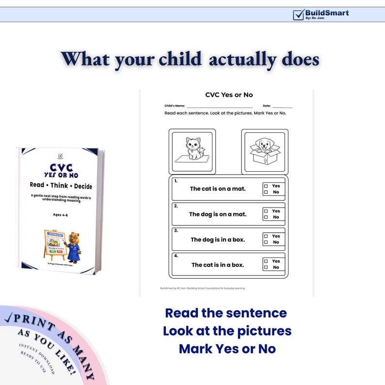 CVC Yes or No Worksheets Ages 4–6 | Read Think Decide Sentences ...