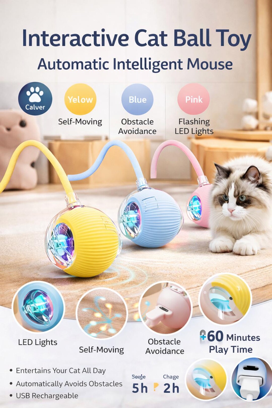 Interactive Rolling Cat Ball Toy With Tail | Rechargeable Self-moving ...