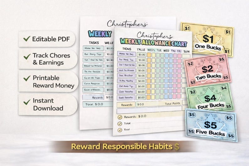 Chore Bucks Reward System Printable | Kids Allowance Money Chart PDF ...