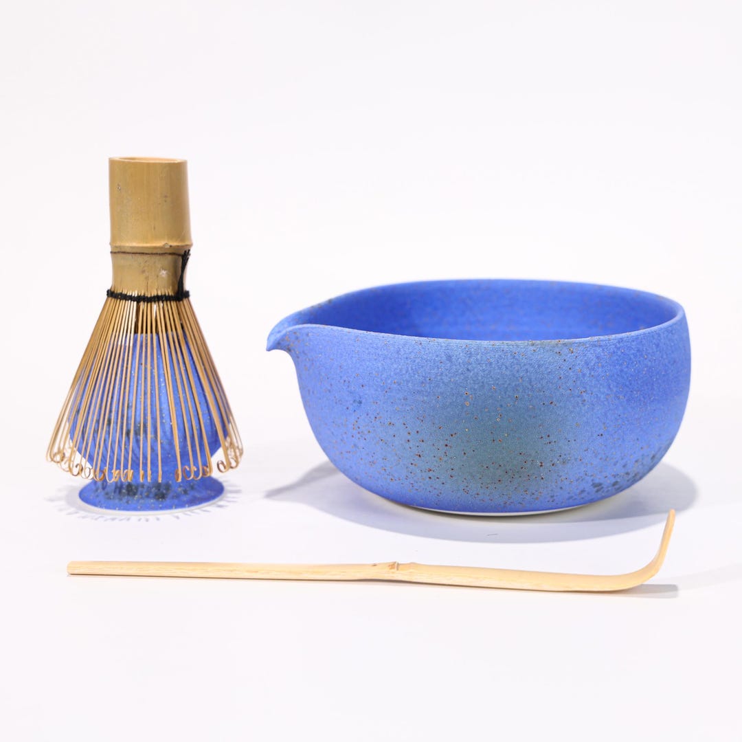 Speckled Blue Matcha Tea Set Spouted Bowl Katakuchi With Whisk Holder ...