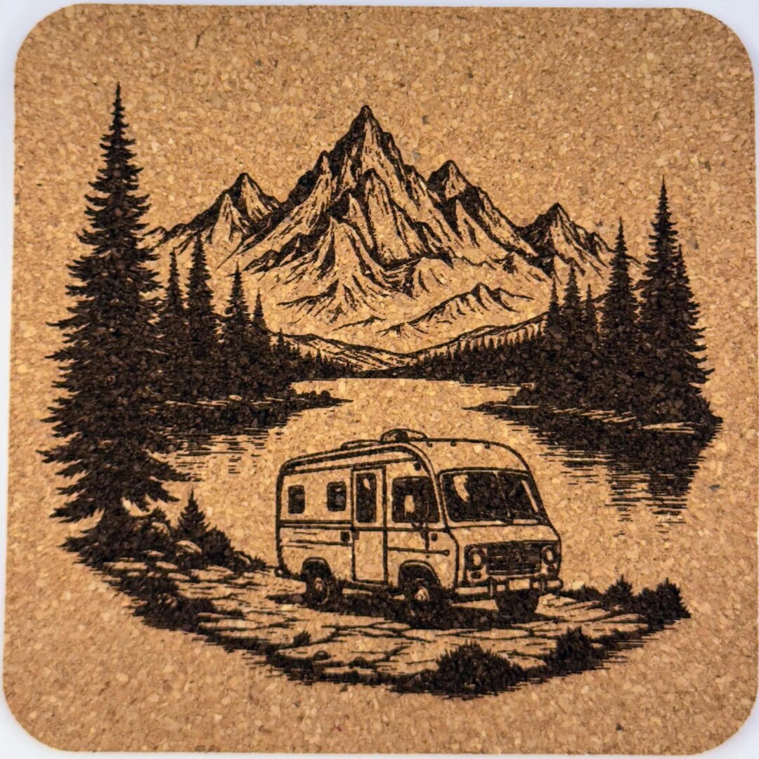Mountain Camper Coaster – Engraved Cork Coaster With RV and Alpine Lake ...