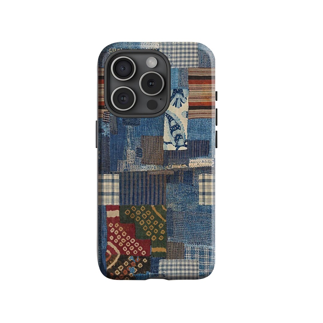 Blue Patchwork Quilt Phone Case, Retro Cover With iPhone 17, 16, 15, 14 ...