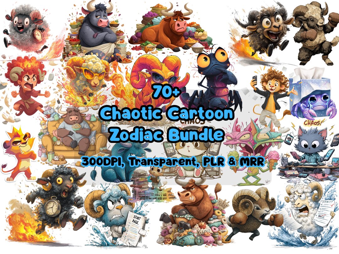Chaotic Cartoon Zodiac Bundle – Funny Astrology SVG, PNG Clipart (100 ...