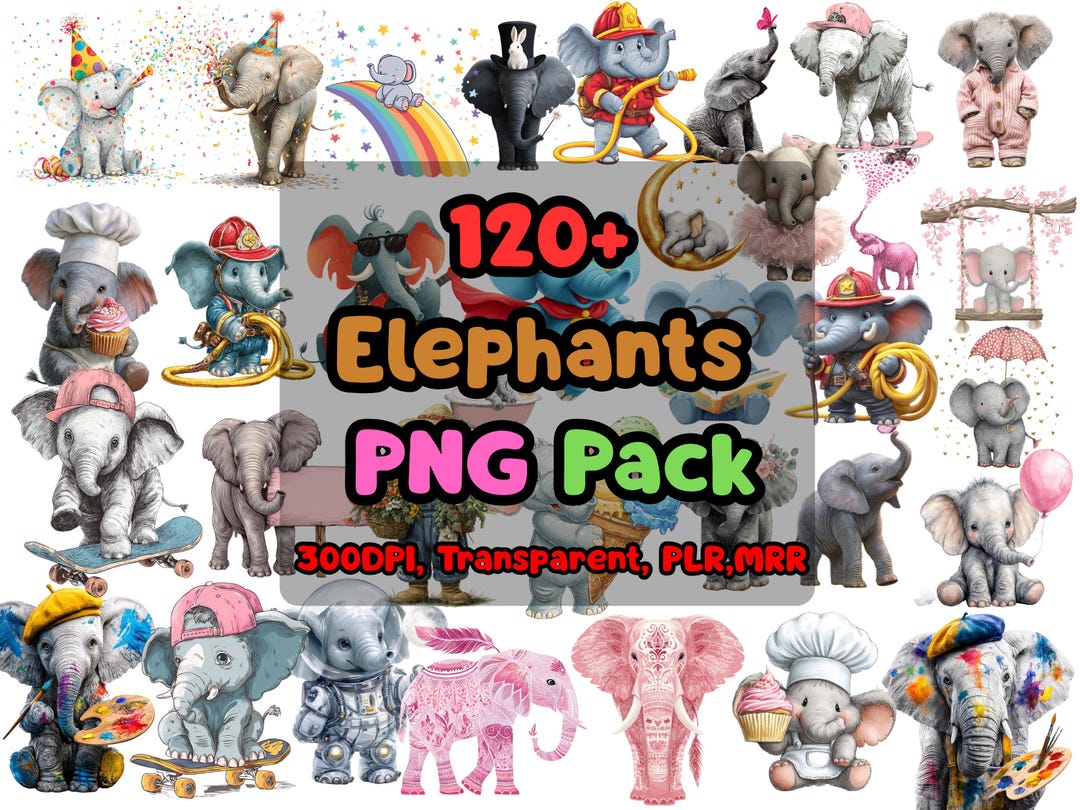 120+ Elephant PNG Bundle, Watercolor Nursery Graphics, Resell Rights ...