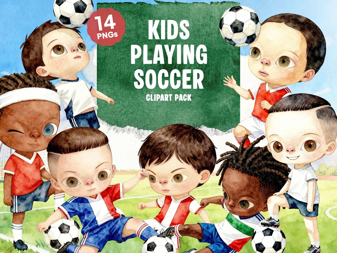 Kids Playing Soccer – Watercolor Clipart Pack, Instant Digital Download ...