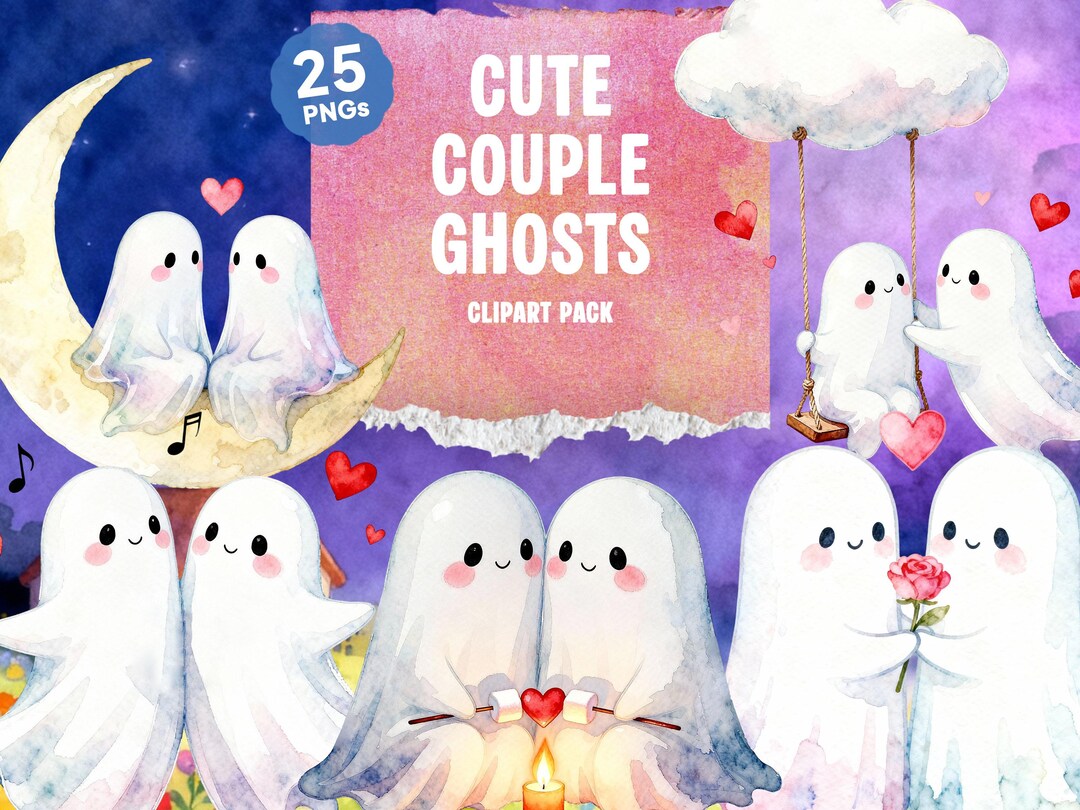Couple Ghosts Valentine's Day: Watercolor Clipart Pack, Commercial Use ...